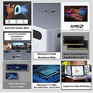 GenMachine Mini PC Windows 11, Mini PC Gaming, Small Desktop Computer, AMD Ryzen 7 5700U up to 4.3GHz, 16GB DDR4, 512GB SATA & M.2 NVMe for Office, Home, Design, Game use