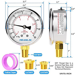 MEANLIN MEASURE -30~60Psi Stainless Steel 1/4" NPT 2.5" FACE DIAL Vacuum Pressure Gauge, Lower Mount, with 1/4" x 1/2" NPT and 1/4" x 3/8" NPT Hex Bushing