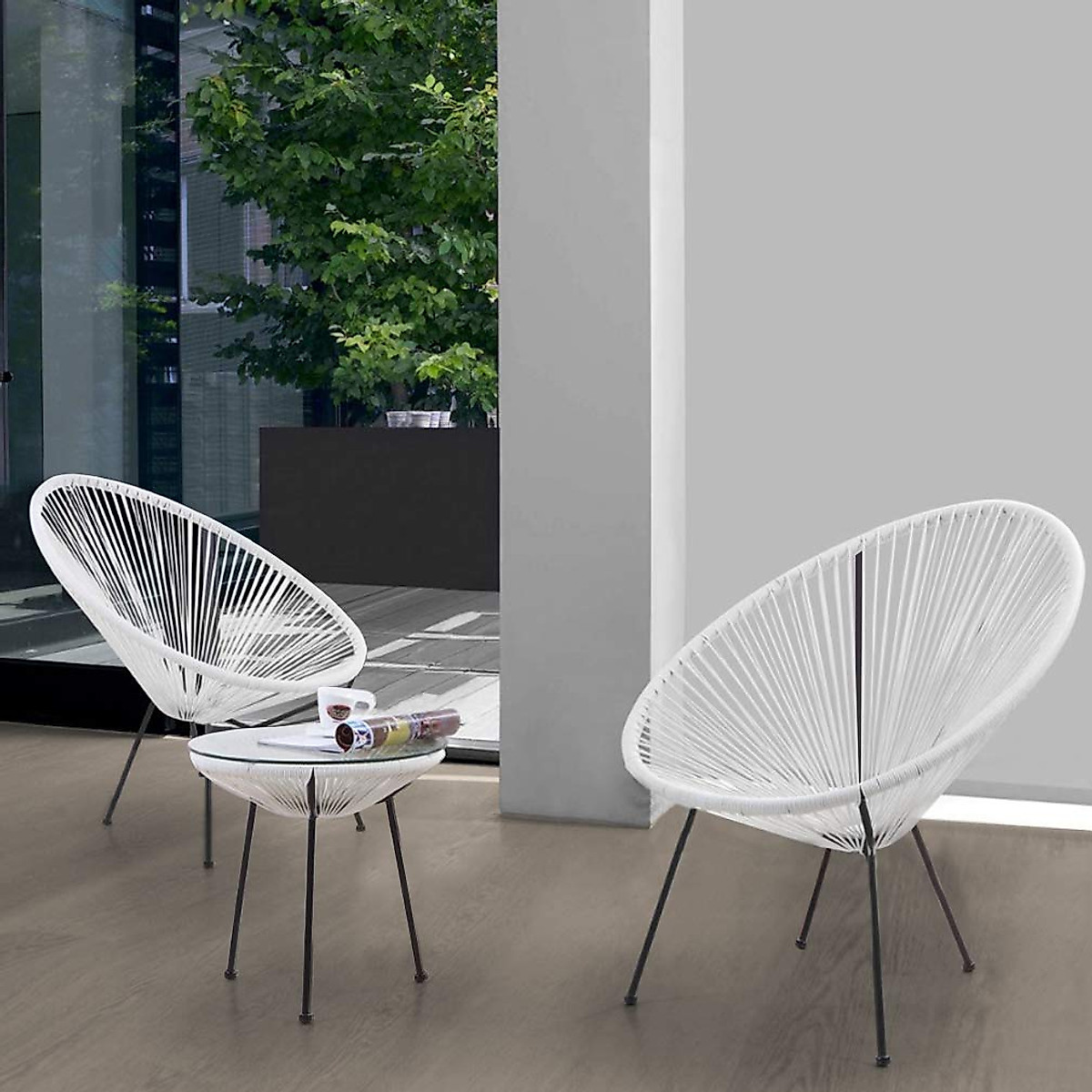 FDW Patio Bistro Set Bistro Table Set Acapulco Chairs Outdoor Chairs Set of 2 All-Weather Hammock Weave Chair Set of 2 and Glass Top Side Table Small Patio Table and Chairs White