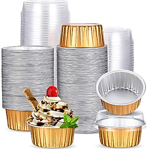 150 Pcs Aluminum Foil Baking Cup Disposable Ramekins with Lids 5oz Mini Cupcake Liners Flan Mold Mini Cake Pans with Lids Disposable Cake Tins for Pudding Desert Creme Brulee (Gold, Silver)