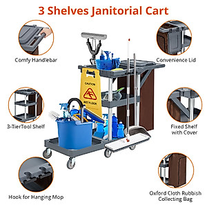Commercial Traditional Cleaning Janitorial 3-Shelf Cart on Wheels, 300 Lbs Capacity Housekeeping Cart, Wheeled with 25 Gallon Zippered VinylBag and Cover w Lid, Heavy-Duty