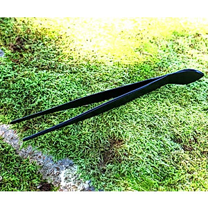 KAKURI Bonsai Tweezers Straight Serrated Tips with Spatula 8.8" Professional Bonsai Tool, Japanese Stainless Steel Black Coated, Made in JAPAN