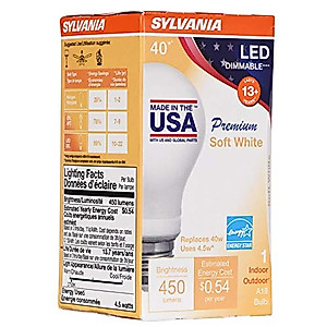 LEDVANCE 40228, Soft White Sylvania 40 Watt Equivalent, A19 LED Light Bulbs, Dimmable, Energy Star Rated, Color 2700K, Made in The USA with US and Global Parts, 1 Pack