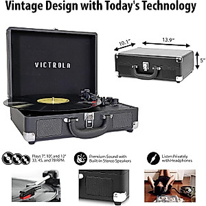 Victrola Vintage 3-Speed Bluetooth Portable Suitcase Record Player with Built-in Speakers | Upgraded Turntable Audio Sound | Black, Model Number: VSC-550BT-BLK