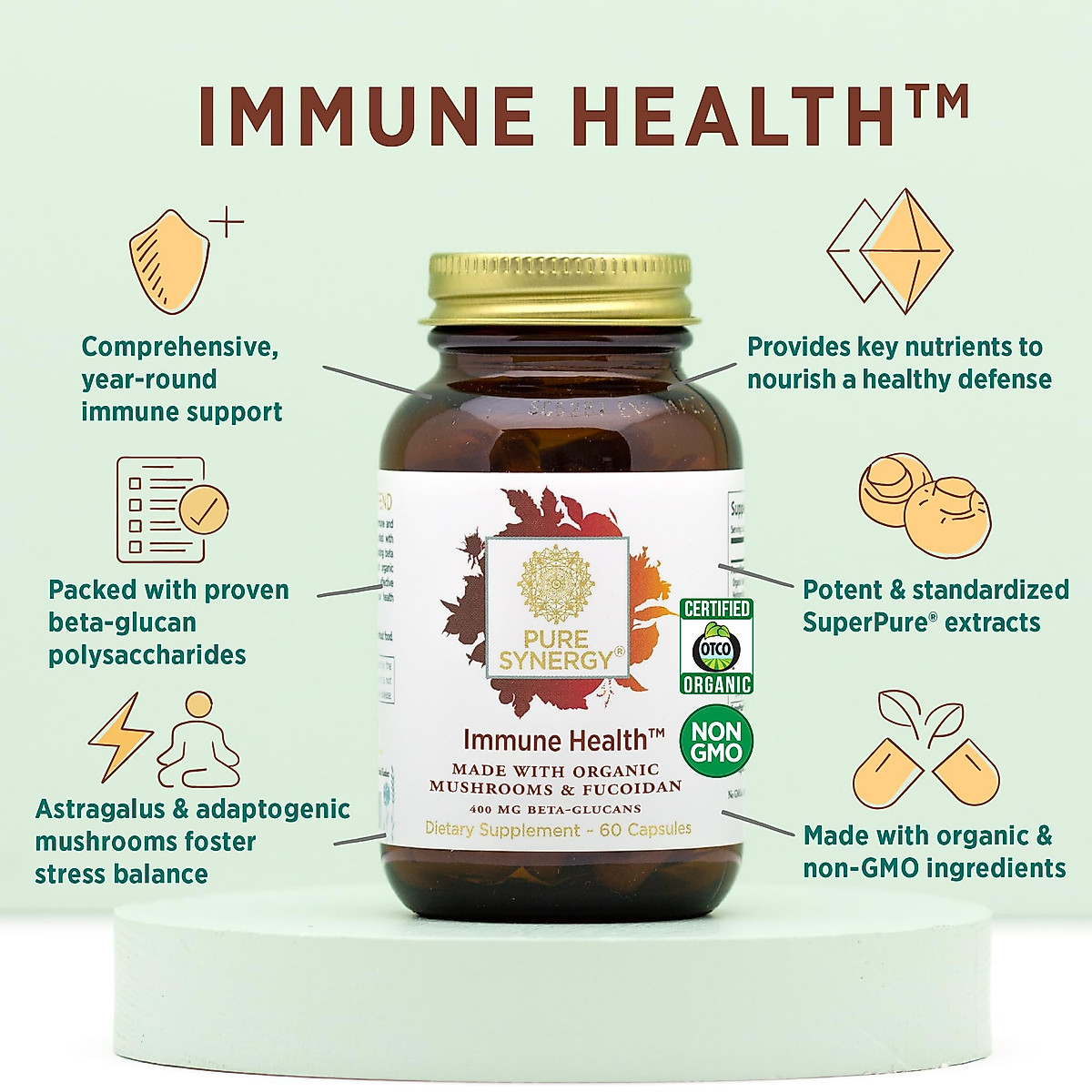 PURE SYNERGY Immune Health | Immune Support Mushroom Supplement | Astragalus and Beta-Glucan Extracts with Organic Functional Mushroom Extracts | for Year-Round Support (60 Capsules)
