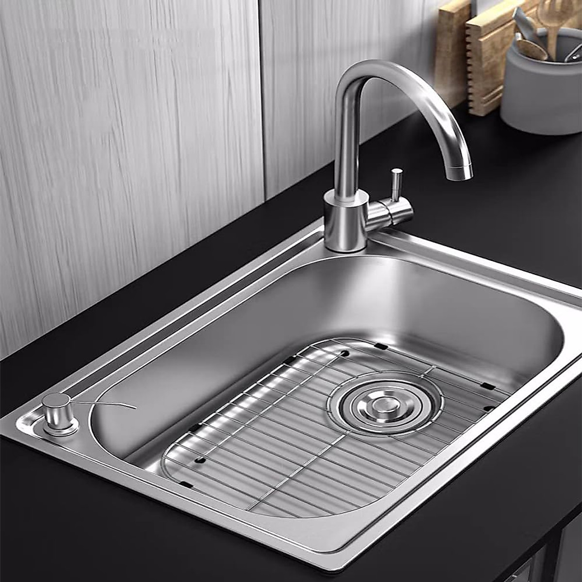 Kitchen Sink Grid, 11-3/4" x 13-1/4" Sink Protectors for Kitchen Sink with Rear Drain, Sink Rack for Bottom of Sink, 304 Stainless Steel Sink Rack with Strainer