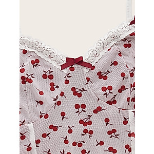 SOLY HUX Women's Cherry Print V Neck Summer Cami Top Bow Lace Trim Sleeveless Summer Crop Tops Red and White L