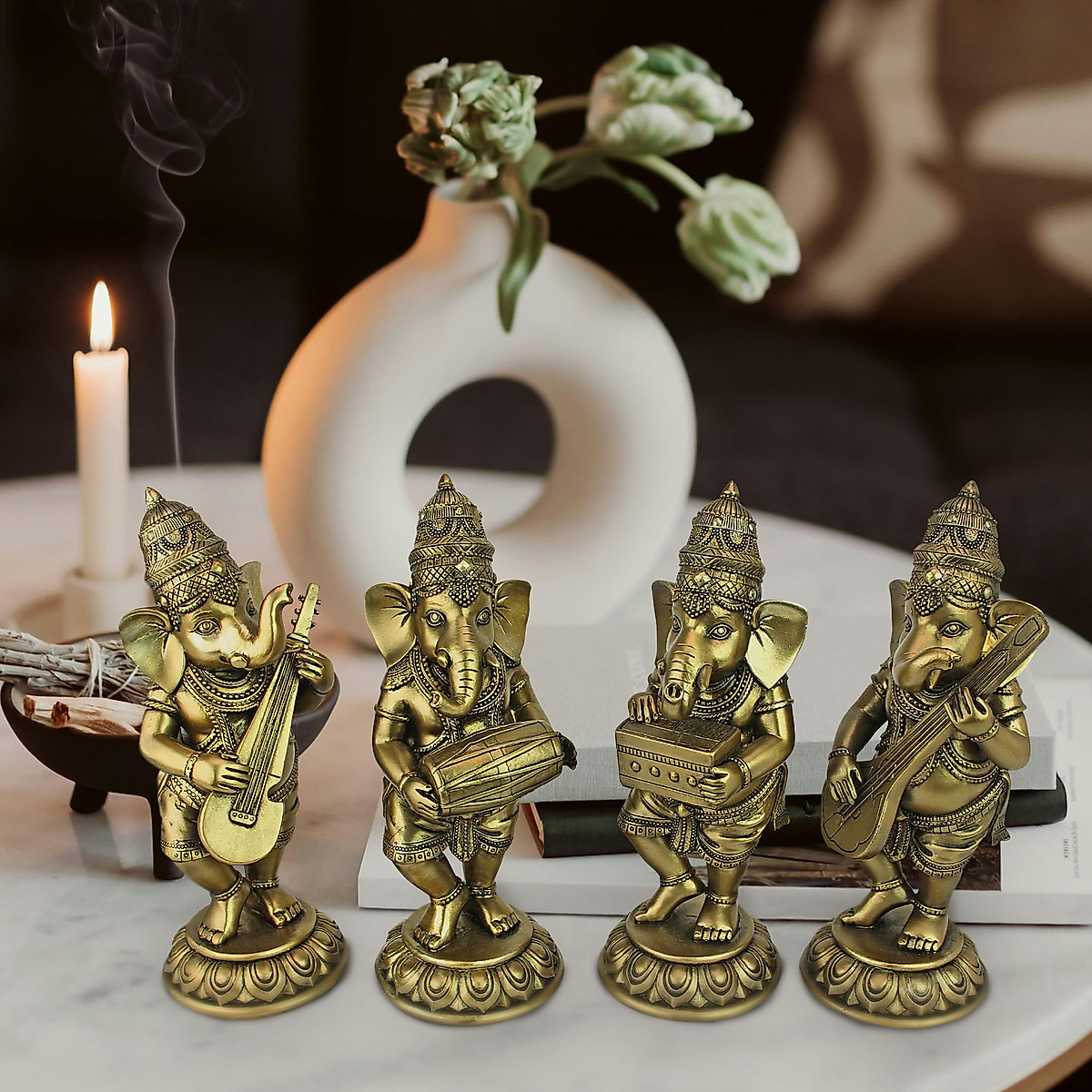 Design Toscano Musical Ganesha Hindu Elephant Men Band Statues, Set of Four Figurines, 7 inches tall, Cast Stone Resin, Antique Gold Finish