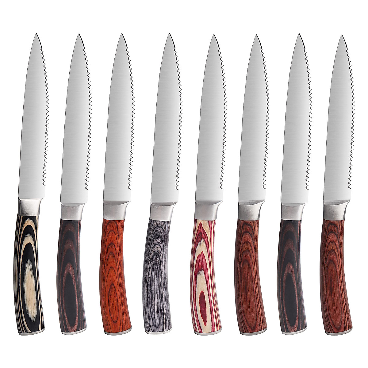 LUVCOSY Pakkawood Steak Knives Set of 8, 8PCS Set of Stainless Steel Serrated Steak Knives with Pakka Wood Handle, Fine Edge Dinner Knife Set with Gift Box for Home Party