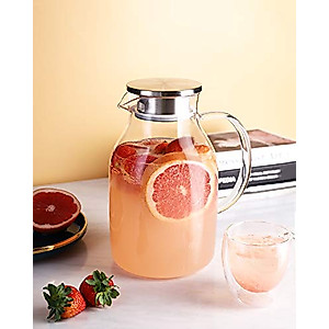Kanwone 75oz Glass Pitcher with Stainless Steel Lid and Spout, Heat Resistant Borosilicate Glass Water Carafe for Sun Tea, Lemonade, Homemade Juice, Milk or Hot Beverages