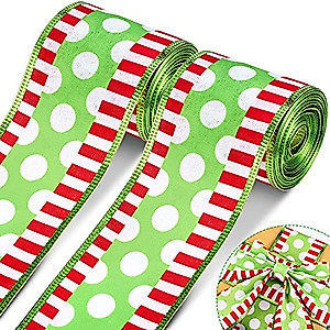 2 Rolls Christmas Ribbon Wired Dots with Stripes Wired Wrapping Colorful Fabric Ribbon Xmas Decorative Ribbons for Christmas Decor Supplies 2.5 Inch (,)