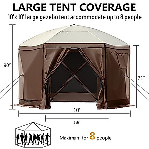 SmarketBuy Gazebo Tent 10 x 10 ft, Pop Up Design Camping Gazebo Tent, 6-Sided Pop-up Canopy Shelter Ten Portable 8 Person Gazebo Screen Tent with Carry Bag for Camping and Backyard Activities