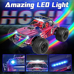 Hosim 1:14 RC Cars with Colorful LED Lights, 40+ KPH High Speed Remote Control Car, 4X4 RTR Fast RC Trucks Waterproof Hobby Toy Off-Road Jumping Crawler Electric Vehicle for Boys Children Adults (Red)