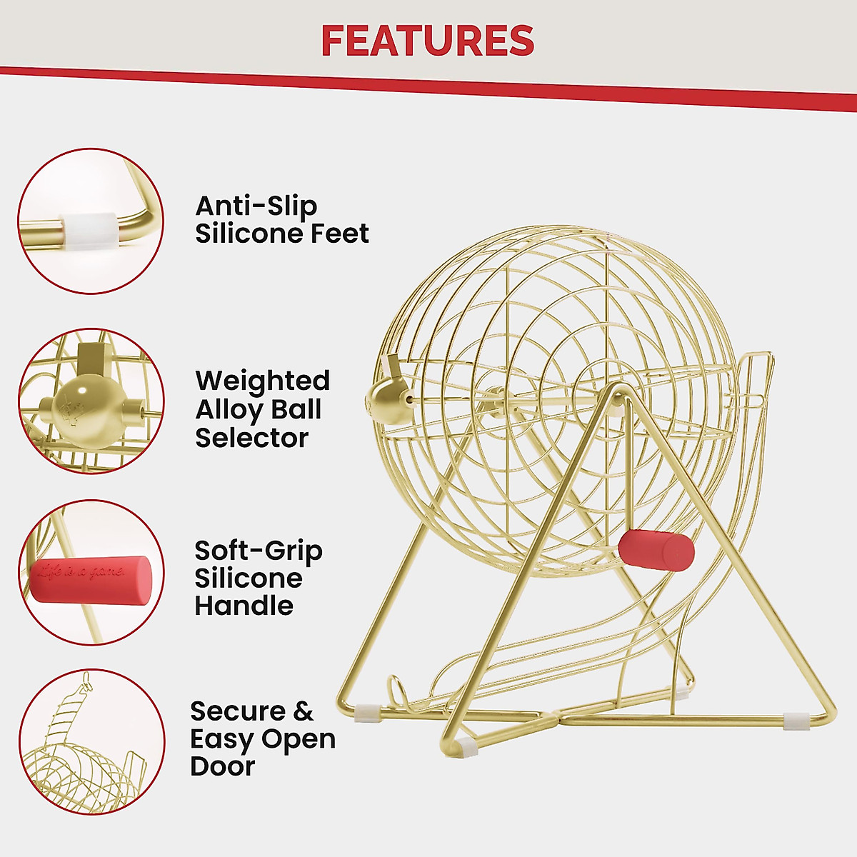 MR CHIPS 11" (Inch) Tall Professional Bingo Set with Steel Cage, Everlasting 7/8” Balls, Master Board for Balls - Luxury Gold Color