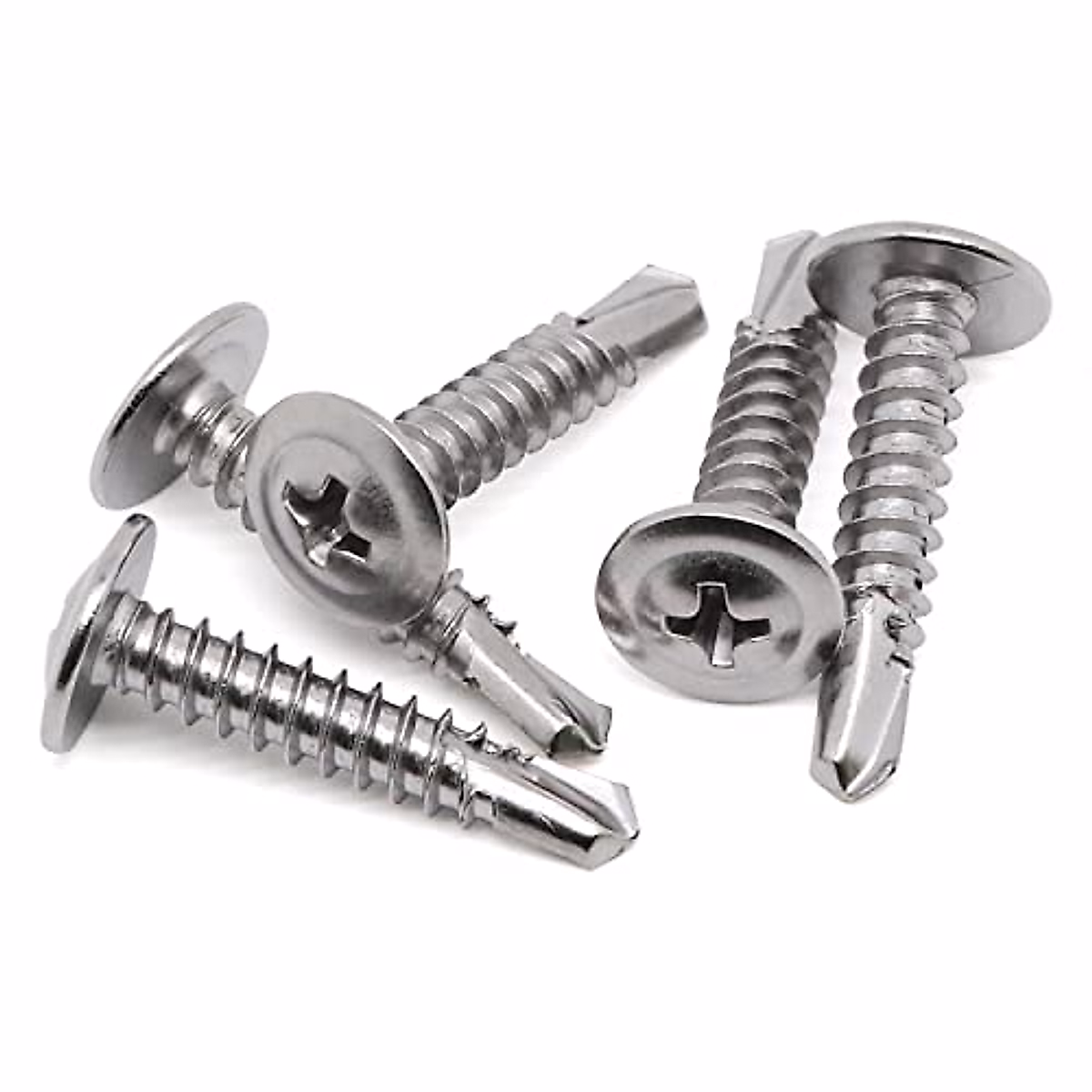 #8 x 1" Wafer Head Self Drilling Sheet Metal Screws, (1/2" to 1-1/2" Length), Stainless Steel 410, Modified Truss Head Self Driller, 100 PCS