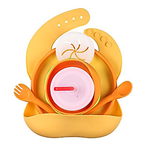 Baby Led Weaning Supplies, Silicone Feeding Set for Baby, Toddler Plates and Bowls Set with Suction, Baby Utensils Set with Adjustable Bib, Sippy Cup,Spoon and Fork, 6+ Months