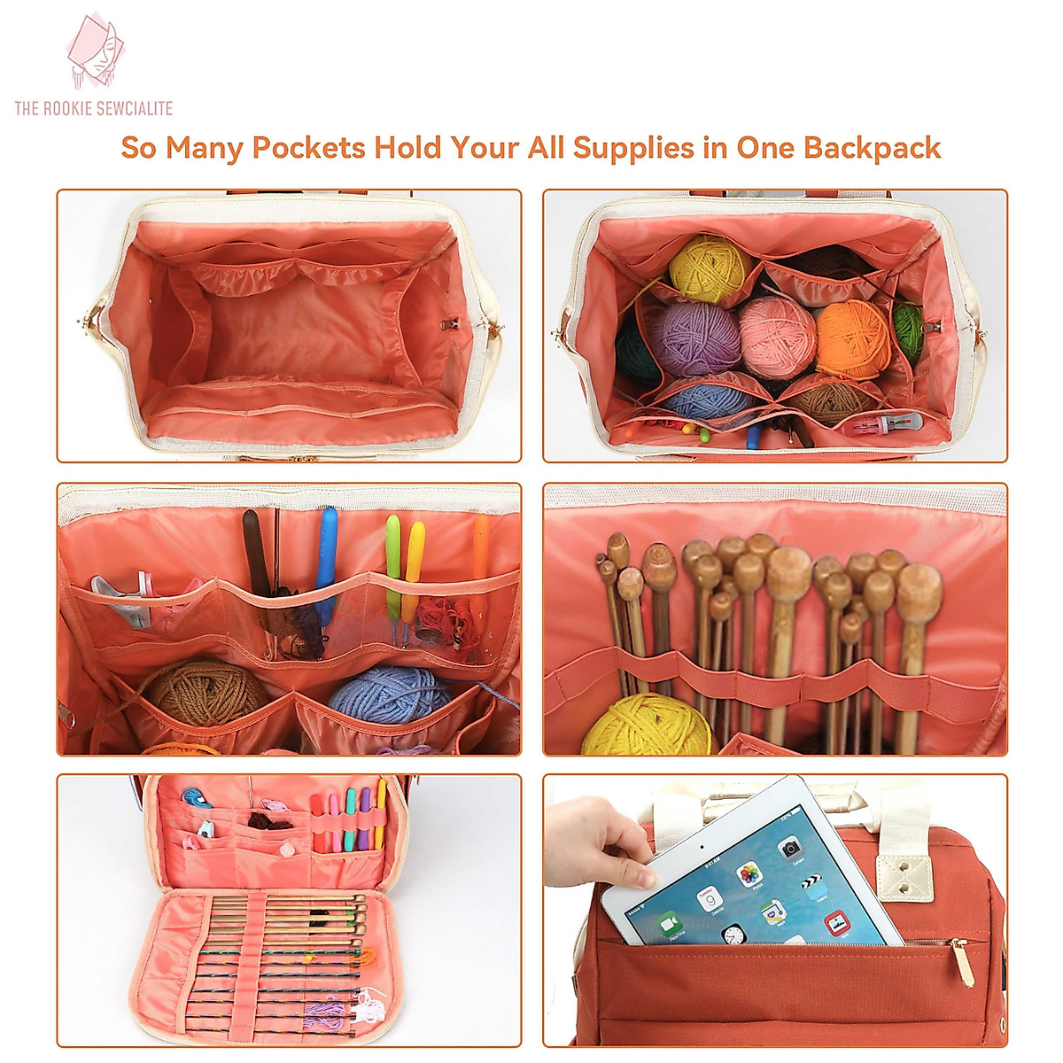 THE ROOKIE SEWCIALITE Crochet Knitting Organizer Waterproof Travel Bag Fashion Backpack for Yarn Storage, Crochet Holder, Knitting Accessories Storage Backpack for Travel