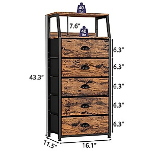 Furnulem Tall 5 Drawers Dresser, Vertical Storage Tower Fabric Dresser for Bedroom, Hallway, Entryway, Nursery, Closet Organizer, Nightstand Bedside Table Furniture, Sturdy Steel Frame, Wood Top