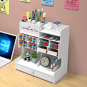 White Pen Organizer with Drawer, DIY Pencil Holder Desk Tidy Caddy Office Stationery Desktop Organizer for Home, Office and School(PB18-1-White)