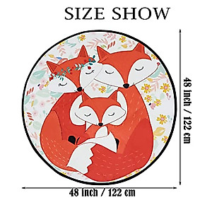 BVOGOS 4’Ft Lovely Floral Foxes Large Round Area Rug, Ultra Soft Kids Floor Playing Mat for Bedroom Living Room Baby Room, Non-Skid Lightweight Foam Rugs Home Decor