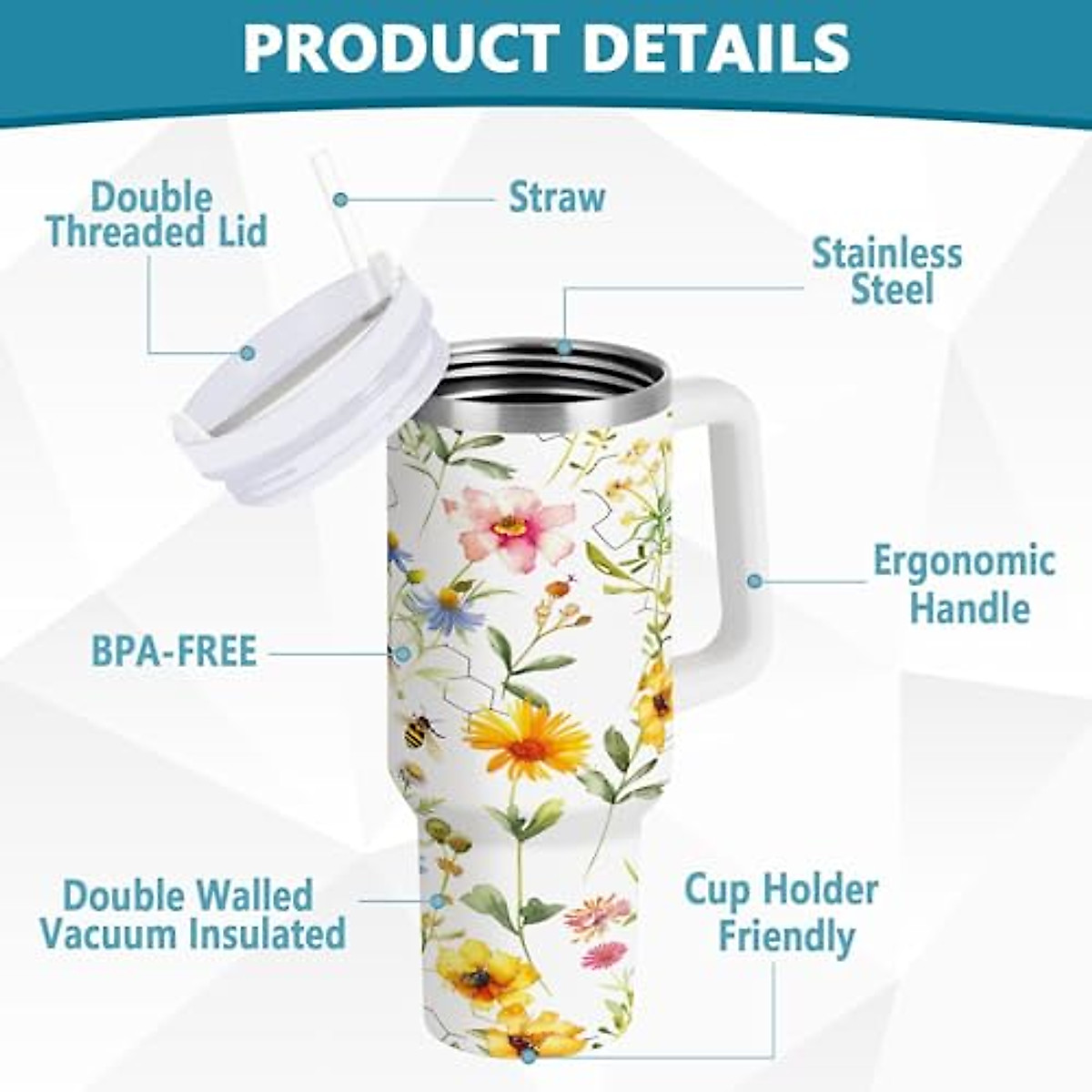 RPLIFE Watercolor Wildflowers Tumbler, Stainless Steel Cup, Tumbler with Lid and Straw