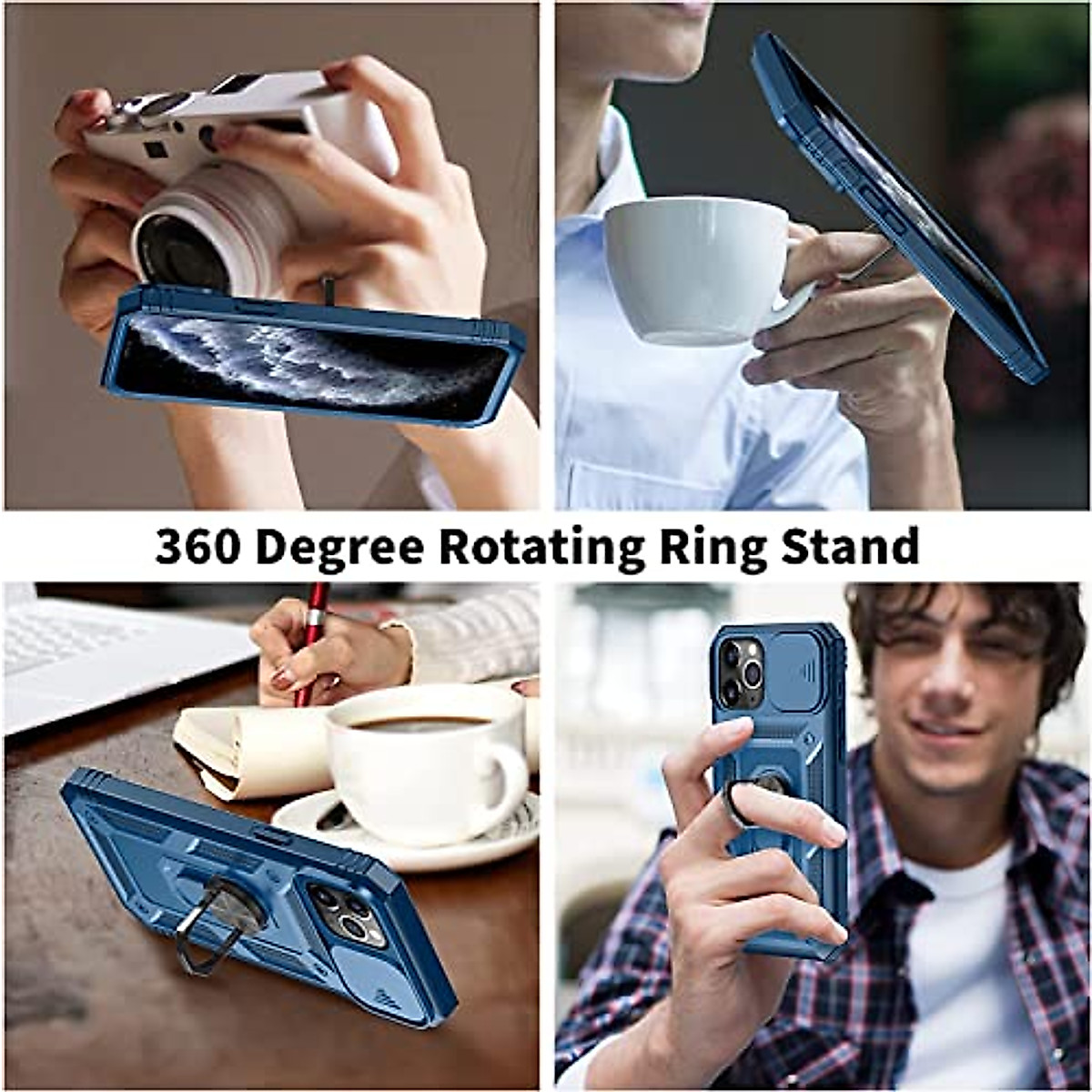 Pompvla for iPhone 11 Pro Case with 2Tempered Glass Screen Protectors,Bulit-in Magnetic Kickstand Ring & Camera Cover Shockproof Military Grade Drop Heavy Duty Protection Men5.8 inch[Not for iP11]Blue