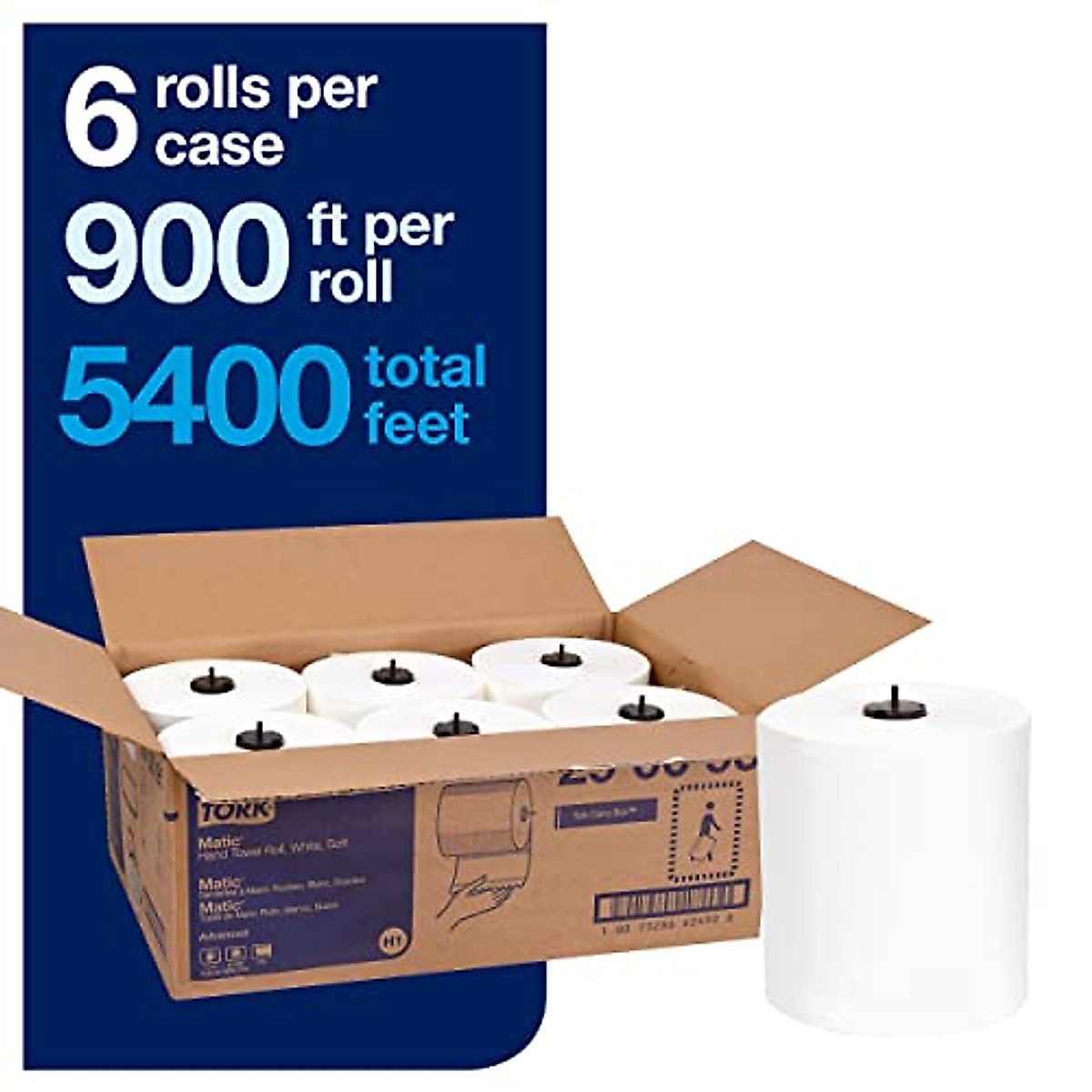 Tork Matic Soft Hand Towel Roll, White, Advanced, H1, Long-Lasting, High Absorbency, High Capacity, 1-Ply, 6 Rolls x 900 ft, 290095