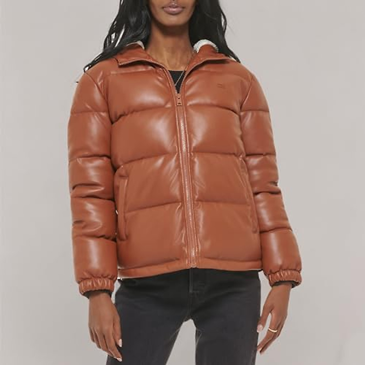 Levi's Women's Vegan Leather Quilted Hooded Puffer, Camel, X-Large