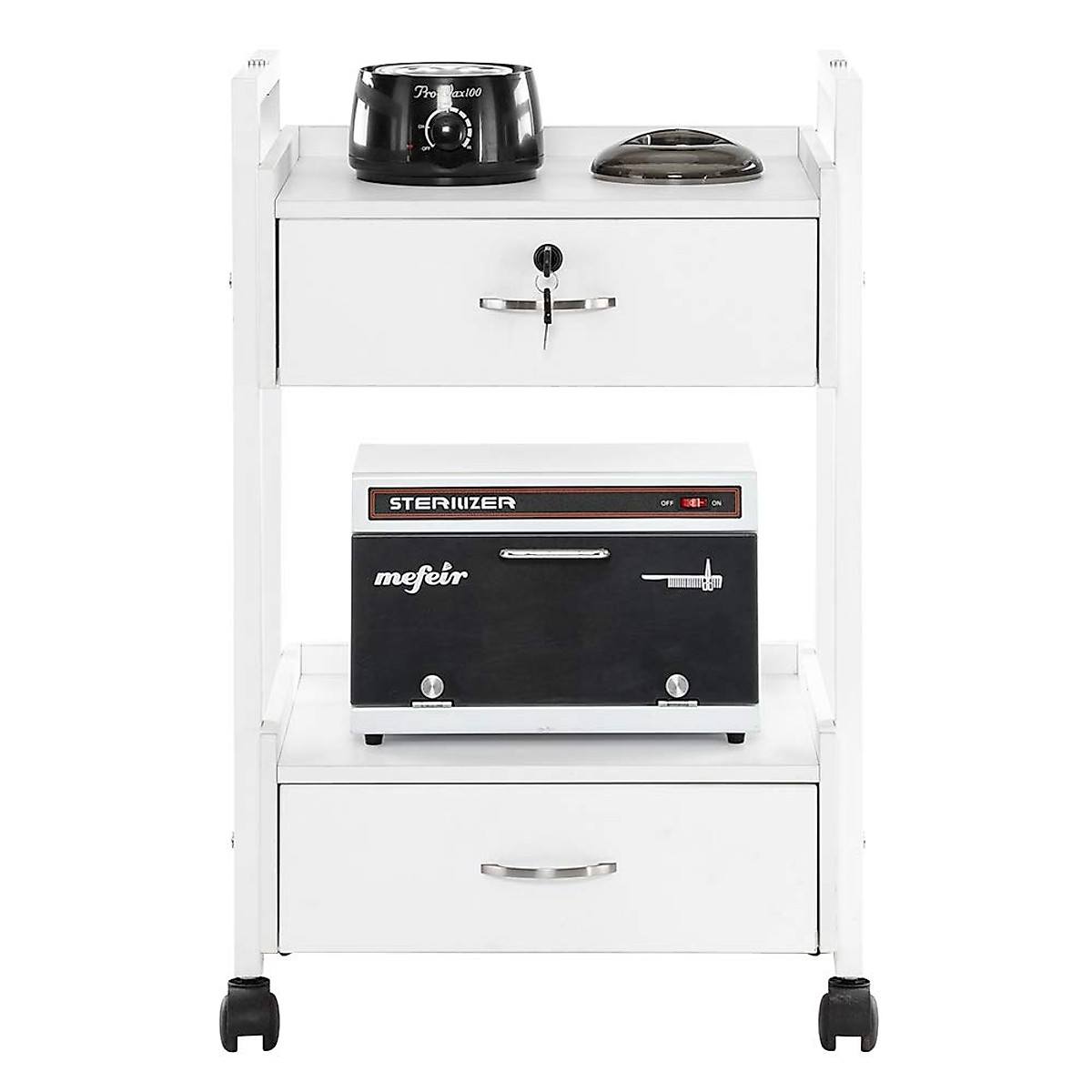 Salon Trolley Cart for Beauty SPA, Wooden Rolling Storage Station, White Mobile Utility Cabinet with 2 Drawers 1 Lockable, Medical Esthetic Supply Holder for Massage Tattoo Facials