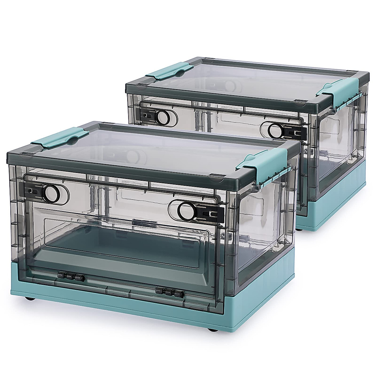 BTSKY 2 Pack Collapsible Storage Bins with Double Side Doors , 20 L Clear Plastic Folding Storage Boxes with Lid , Stackable Plastic Organization Cube Box with Wheels for Home & Office Organization,