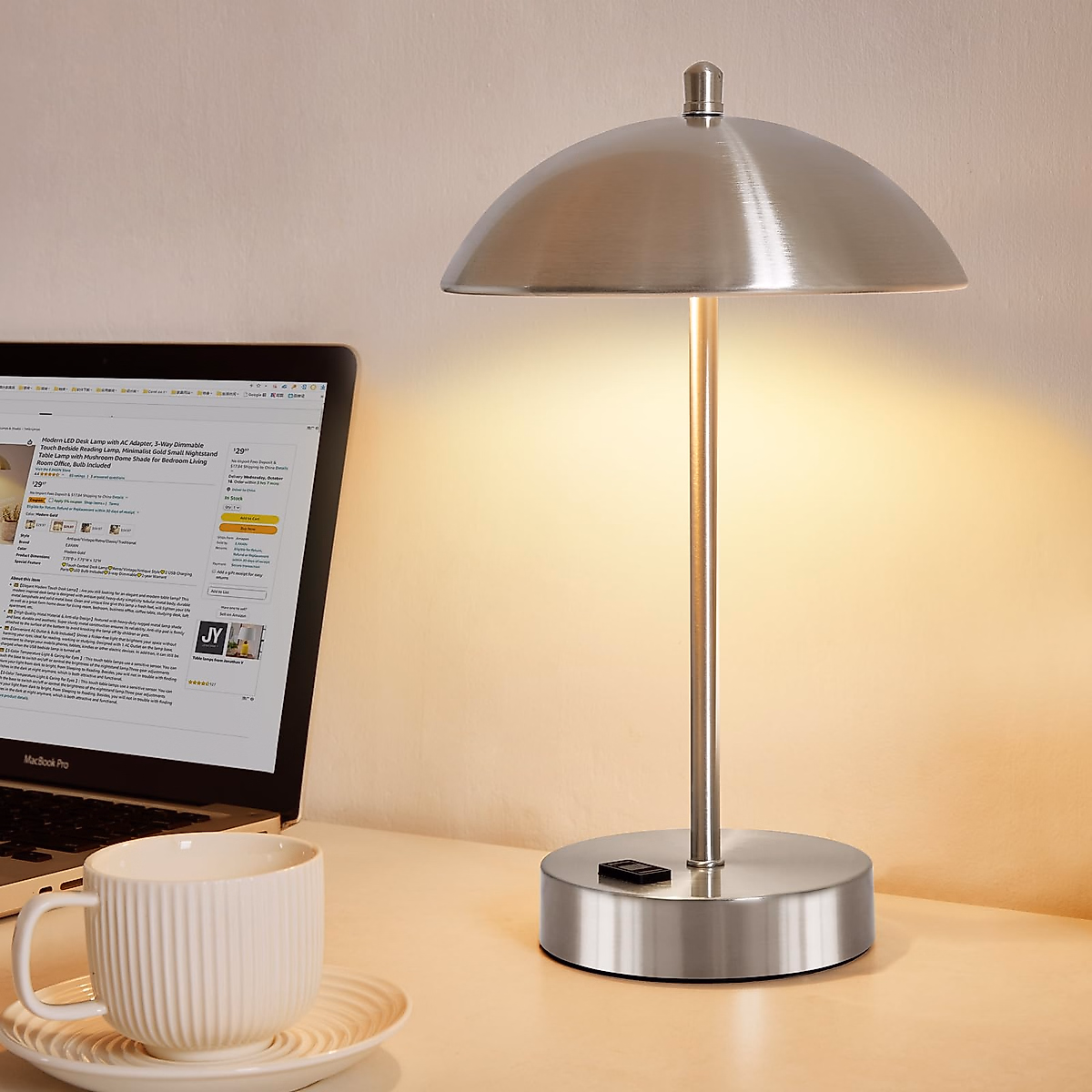 Modern Desk Lamp with AC Adapter,12" 3-Way Dimmable Touch Bedside Reading Lamp, Minimalist Silver Small Nightstand Table Lamp with Mushroom Dome Shade for Bedroom Living Room Office, LED Bulb Included