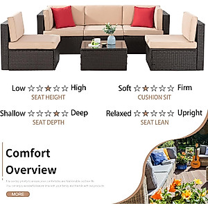 Shintenchi 6 Pieces Patio Furniture Sets Outdoor All-Weather Sectional Patio Sofa Set PE Rattan Manual Weaving Wicker Patio Conversation Set with Glass Table&Ottoman Cushion and Red Pillows, Neutral