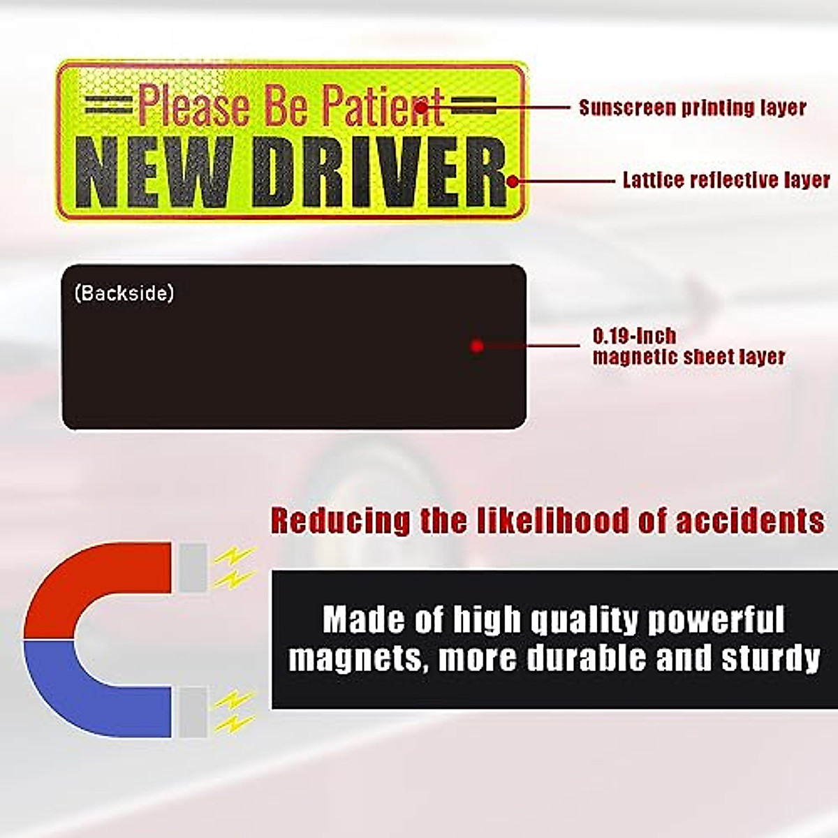 Ziciner 2 PCS Student Driver Magnet for Car, Reflective New Driver Vehicle Safety Signs, Please Be Patient Student Driver Magnet Decals, Beginner Safety Warning Bumper Magnet Signs (Style 7)