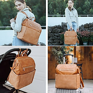 MOMINSIDE Diaper Bag Backpack, Baby Bag Leather with 16 Pockets, Large Baby Diaper bag for Mom, Fits 15 Inch Laptop, 4 Insulated Pockets, Changing Pad, Brown