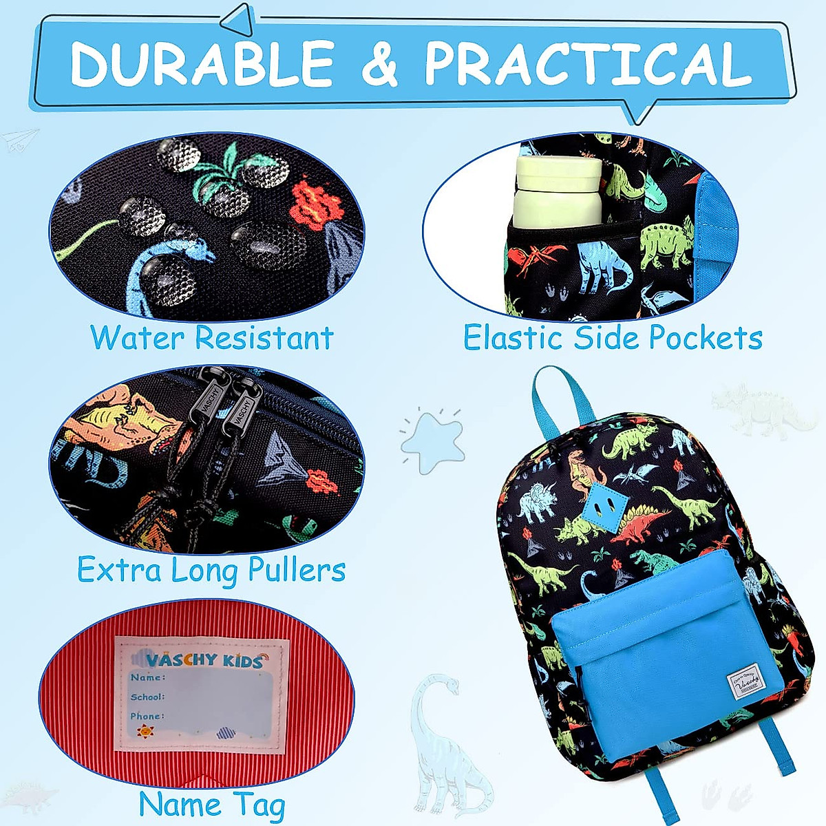 VASCHY Dinosaur Backpack for Boys, Kids Water Resistant Lightweight Backpack for Toddlers Daycare Preschool Blue