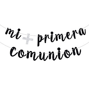 Glitter Mi Primera Comuniòn Banner - Baby Baptism/ First Holy Communion Bunting Décor - God Bless This Child Baby Shower Party Decoration Supplies(Black)