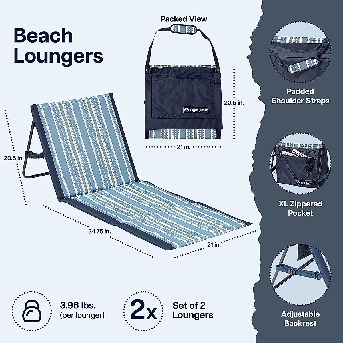 Lightspeed Outdoors Beach Loungers, Portable Chair, Mud Stripes, 2-Pack