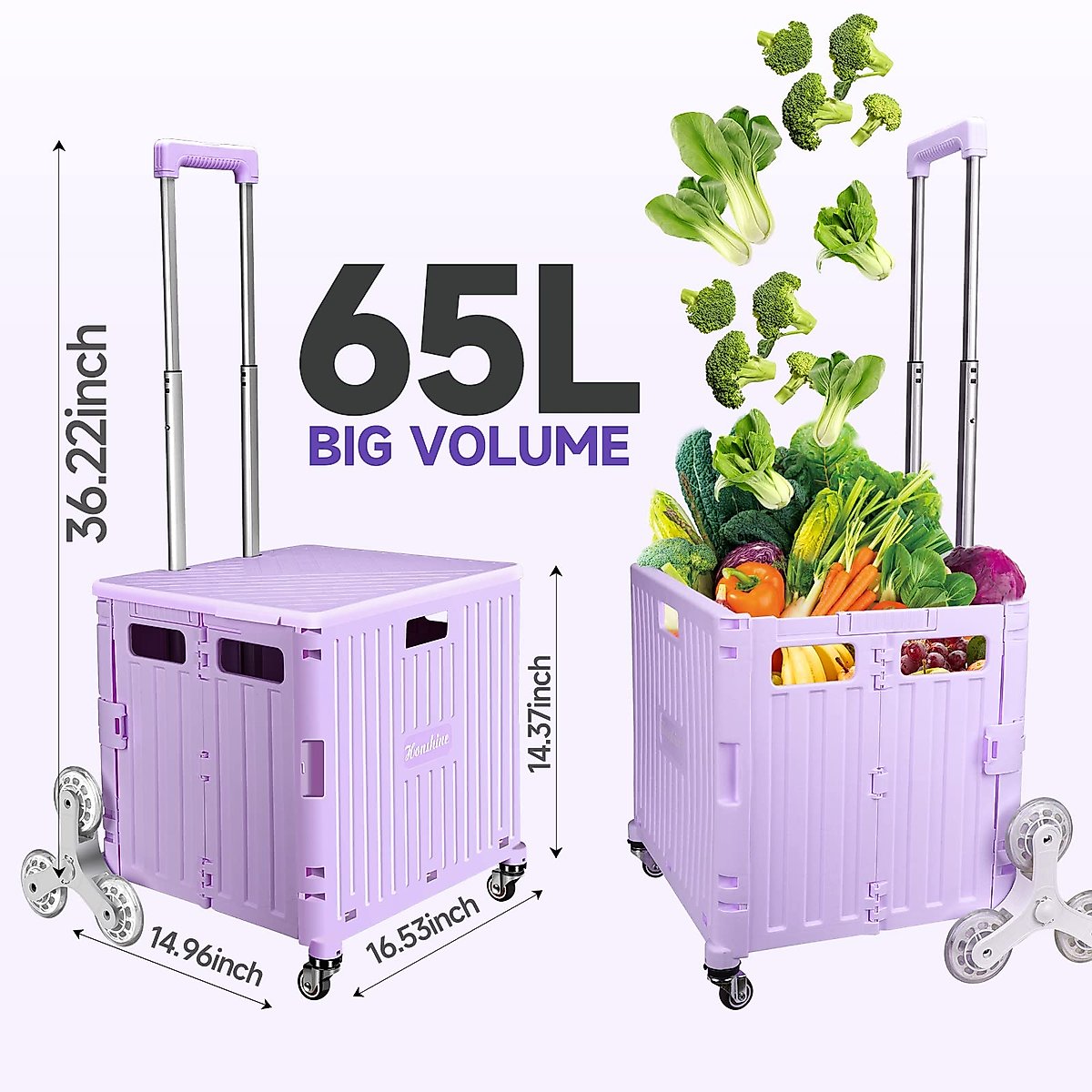 Honshine Foldable Cart with Stair Climbing Wheels, Collapsible Rolling Crate with Telescoping Handle, Handcart for Grocery Book File Tool Art Supplies(Lavender)