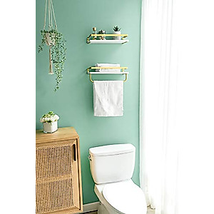 Dahey Wall Mounted Floating Shelves Storage Shelf Modern Wood and Metal Spice Rack with Towel Bar and 8 Removable Hooks for Organize Utensils Mugs Carbonized or Plant Holder Kitchen Bathroom, 2 Pack