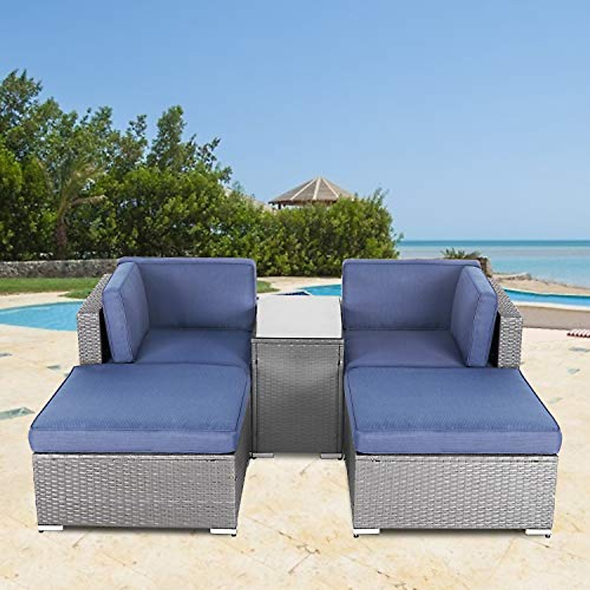 SOLAURA 5-Piece Outdoor Patio Furniture Set, PE Rattan Wicker Chair Sectional Sofa Set with YKK Zipper and Glass Coffee Table - Navy Blue