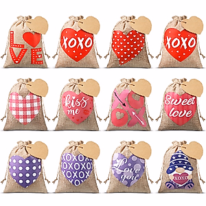 36 Pcs Valentine's Day Burlap Gift Bags with Drawstring Heart Bags Linen Present Candy Favor Bag with Tags and Ropes for Valentine's Day Wedding Birthdays Bridal Shower, 5 x 7 Inch