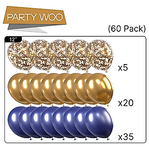 PartyWoo Navy Blue Gold Balloons, 40 pcs Latex Balloons, Navy Blue Balloons, Gold Confetti Balloons and Metallic Gold Balloons, Party Balloons for Navy Blue and Gold Wedding, Navy Gold Baby Shower