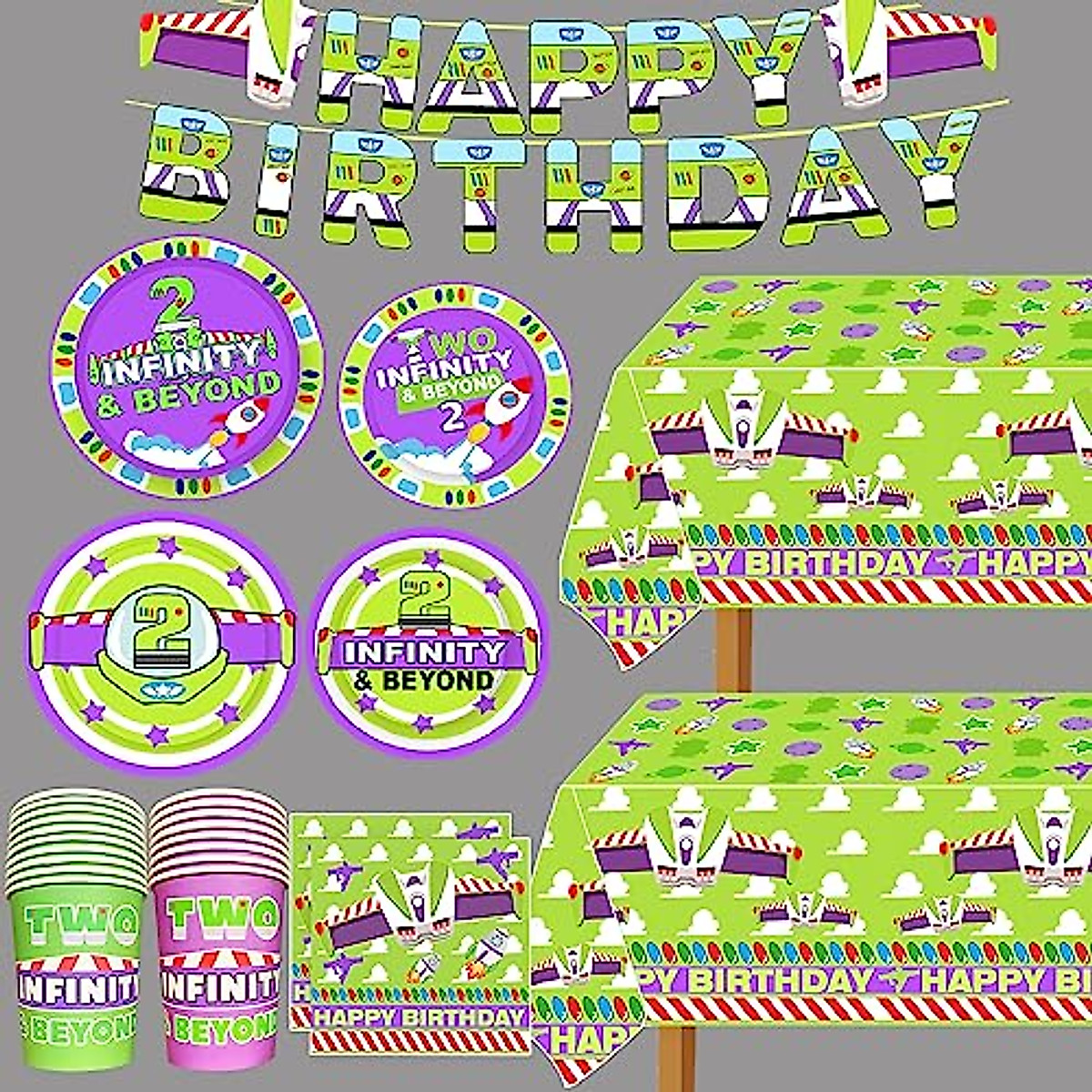 METIXOZE Two Infinity and Beyond Birthday Decorations Buzz Cartoon Light inspired Year Toy Inspired Story Birthday Party Supplies 2nd Birthday include Banner Table Cloth Plate Napkins and Cups