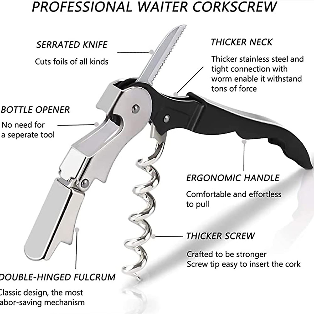 3 in 1 Wine Key, Corkscrew, Bottle Opener, Beer Opener, Wine Key for Bartenders, Corkscrews for Wine Bottles, Waiters Corkscrew and Foil Cutters for Sommeliers, Waiters and Bartenders, Black