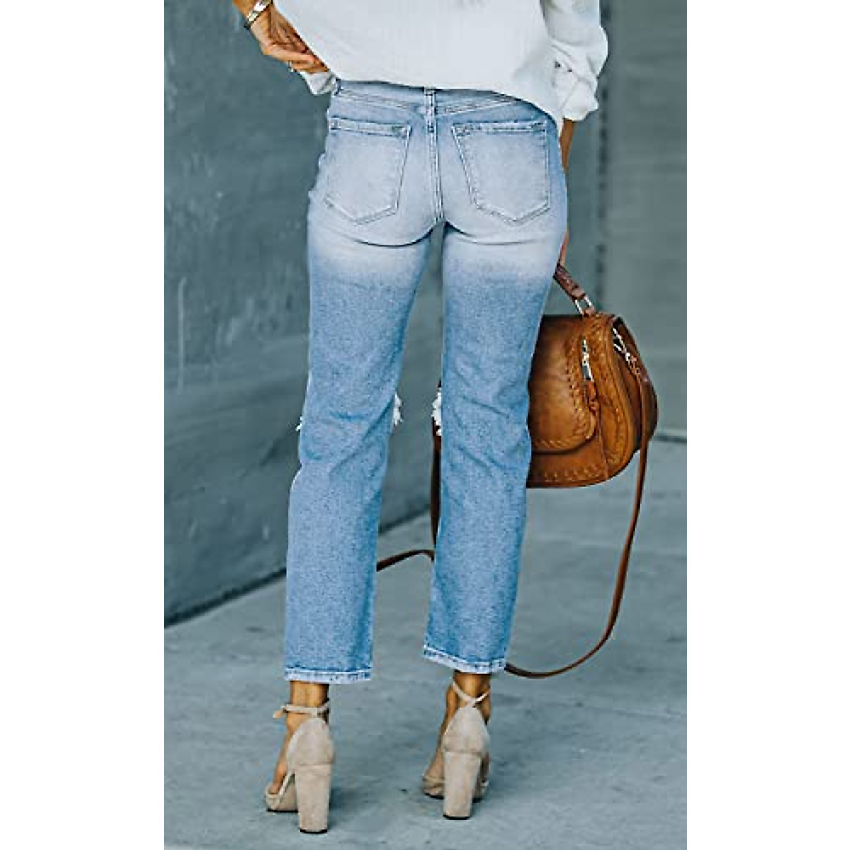 MINGALONDON Ladies Ripped Mom Jeans High Waisted Distressed Stretchy Boyfriend Denim Pants Light Blue L