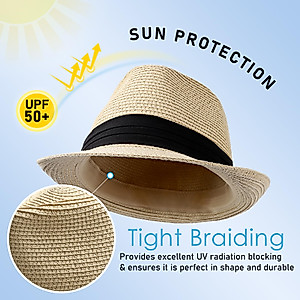 Lvaiz Womens Straw Hat Short Brim Panama Fedora Beach Sun Trilby Hat for Vacation Gentlemen Roll Up Summer Hat, Beige L