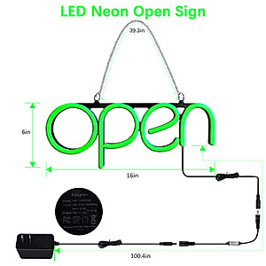 Led Open Signs for Business, 16 x 6 inch Open Sign, Neon Open Signs for Business, 8 Modes, Adjustable Brightness and Remote Control, 12 V / 2 A Power Supply (Green)