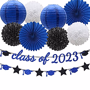 Graduation Party Supplies Glitter Class Of Banner Backdrop Hanging Paper Flowers Pom Poms Decoration Blue