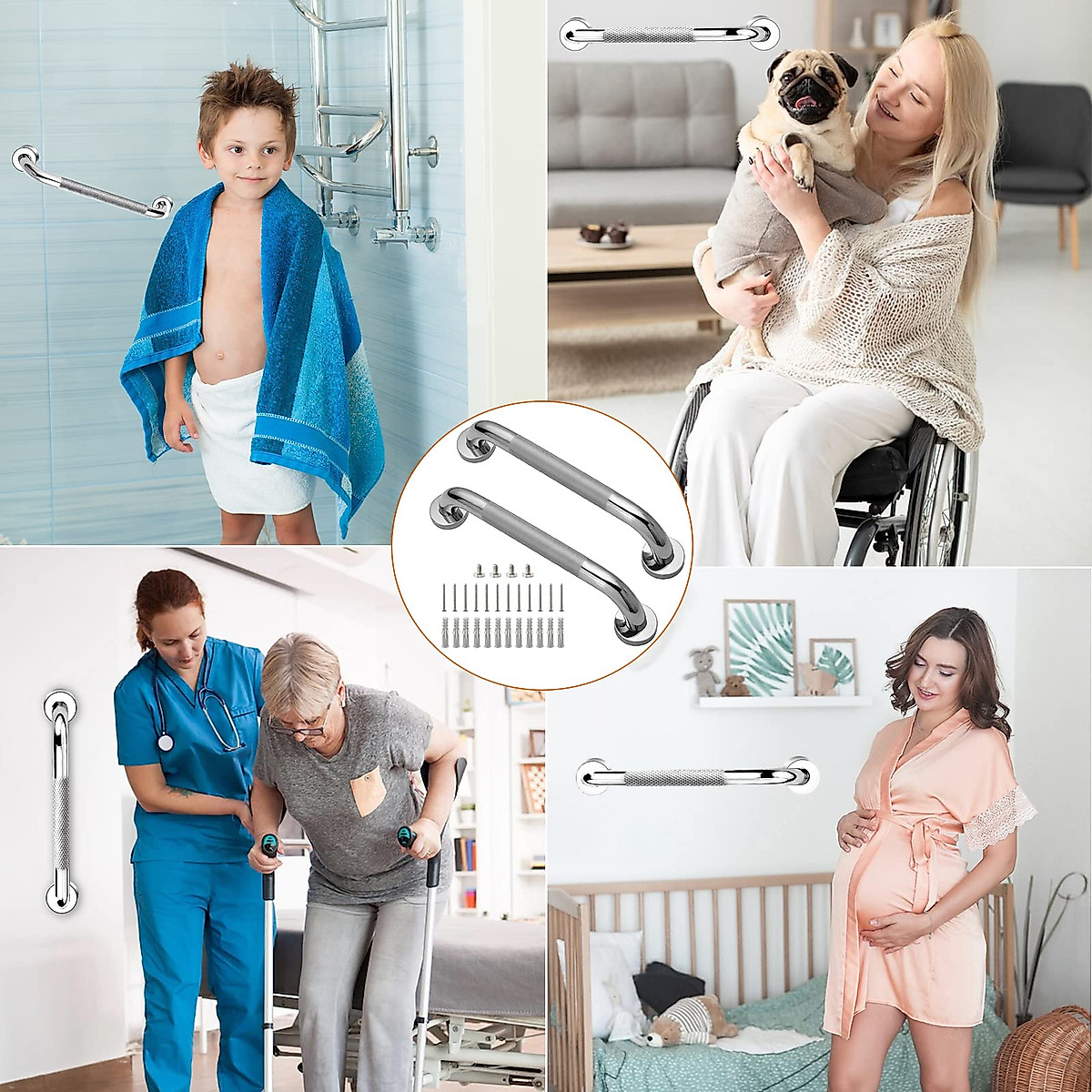 Rockgoya Shower Grab Bar, 2 Pack 12 Inch Bathroom Grab Bar, 304 Stainless Steel 1.25" Diameter Anti-Slip Handicap Grab Bar Support Shower Rail Senior Handrail Shower Safety Bar Handle