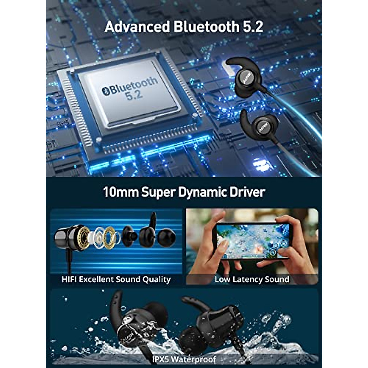 Alfox Bluetooth Headphones 80Hrs Playtime, Bluetooth 5.2 Earbuds Magnetic Auto On/Off, Wireless in-Ear Earphones with Mic, IPX5 Waterproof, USB-C Fast Charging, Lightweight Stereo Headset for Sport